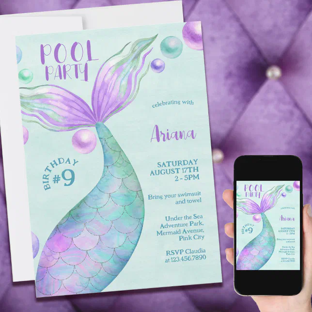 Mermaid Birthday Pool Party Invitation | Zazzle
