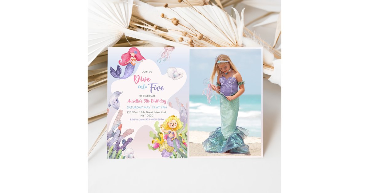 Mermaid Dive Into Five 5th Birthday Party Photo Invitation | Zazzle