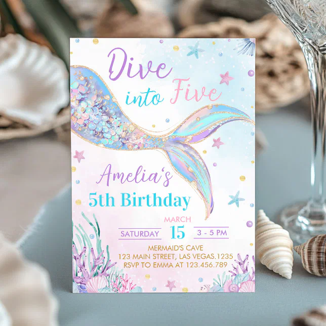 Mermaid Dive into Five Girl Birthday Invitation | Zazzle