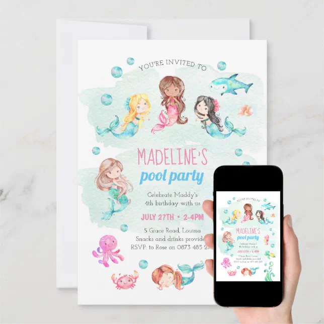 Mermaid party invitation, birthday pool party invitation | Zazzle