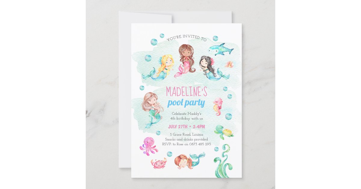 Mermaid party invitation, birthday pool party invitation | Zazzle