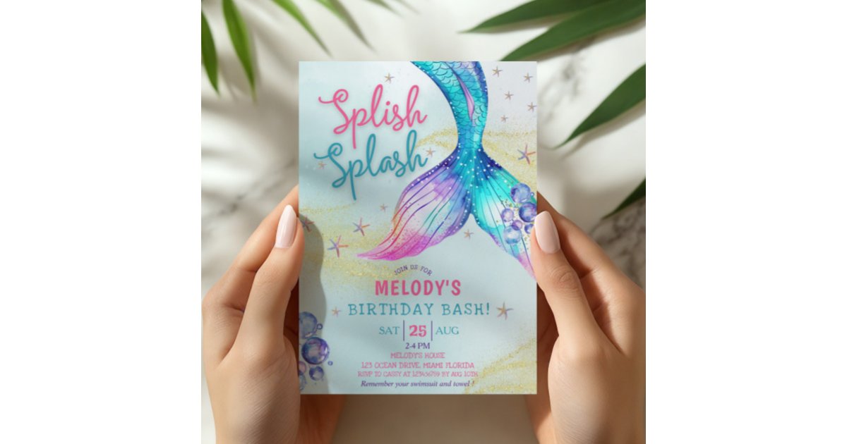 Mermaid Tail Glitter Splish Splash birthday Invitation | Zazzle