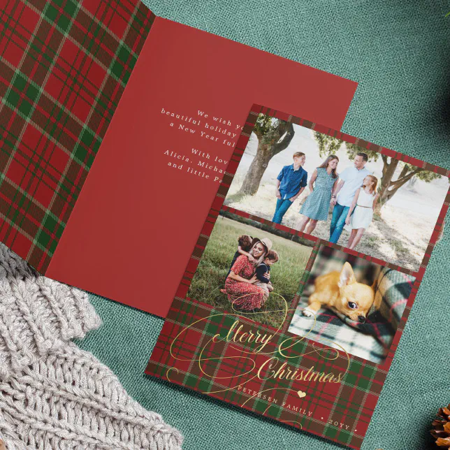 Merry Christmas 3 photo collage plaid folded Holiday Card | Zazzle