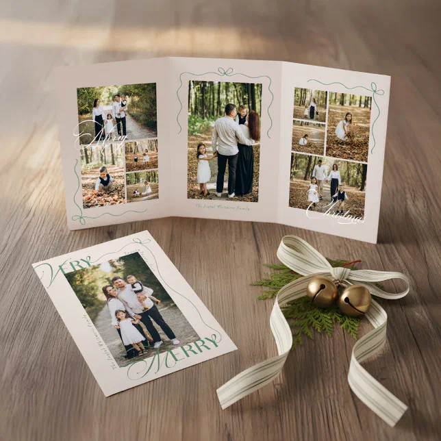 Minimal Bow Very Merry Photo Collage Christmas Tri-Fold Holiday Card ...