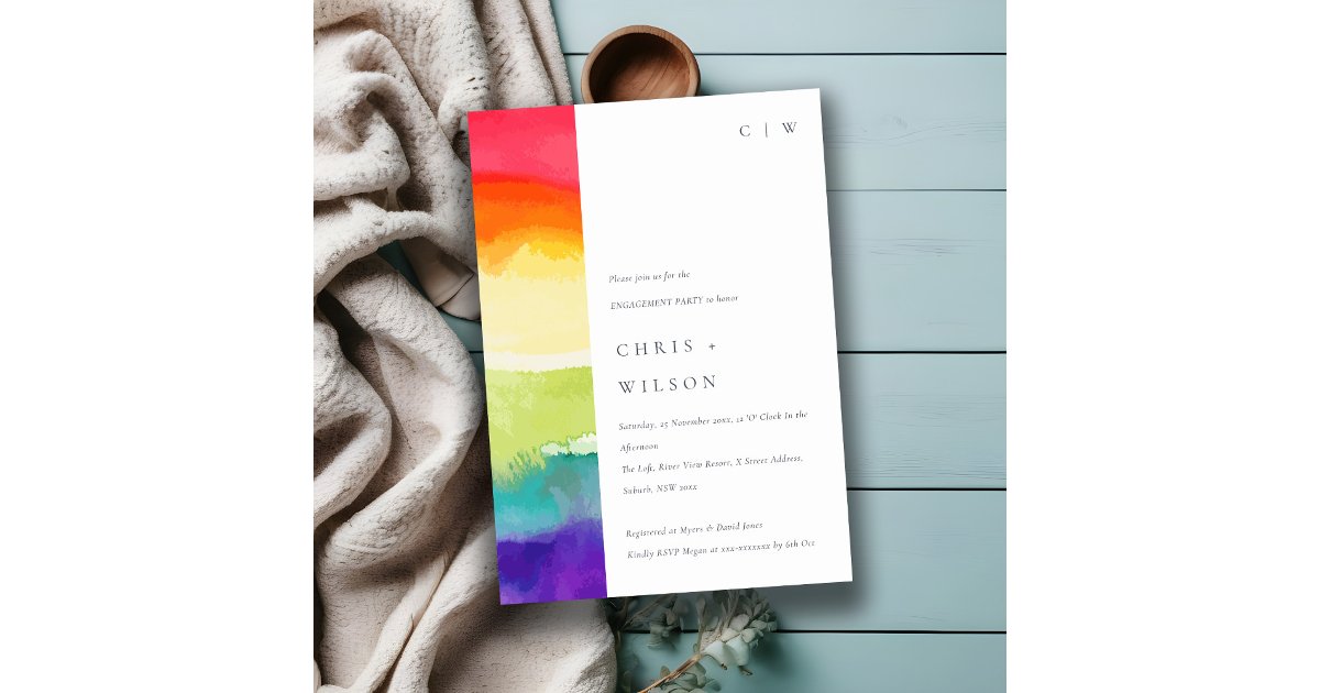 Minimal Elegant Colourful Pride Rainbow Engagement Invitation | Zazzle