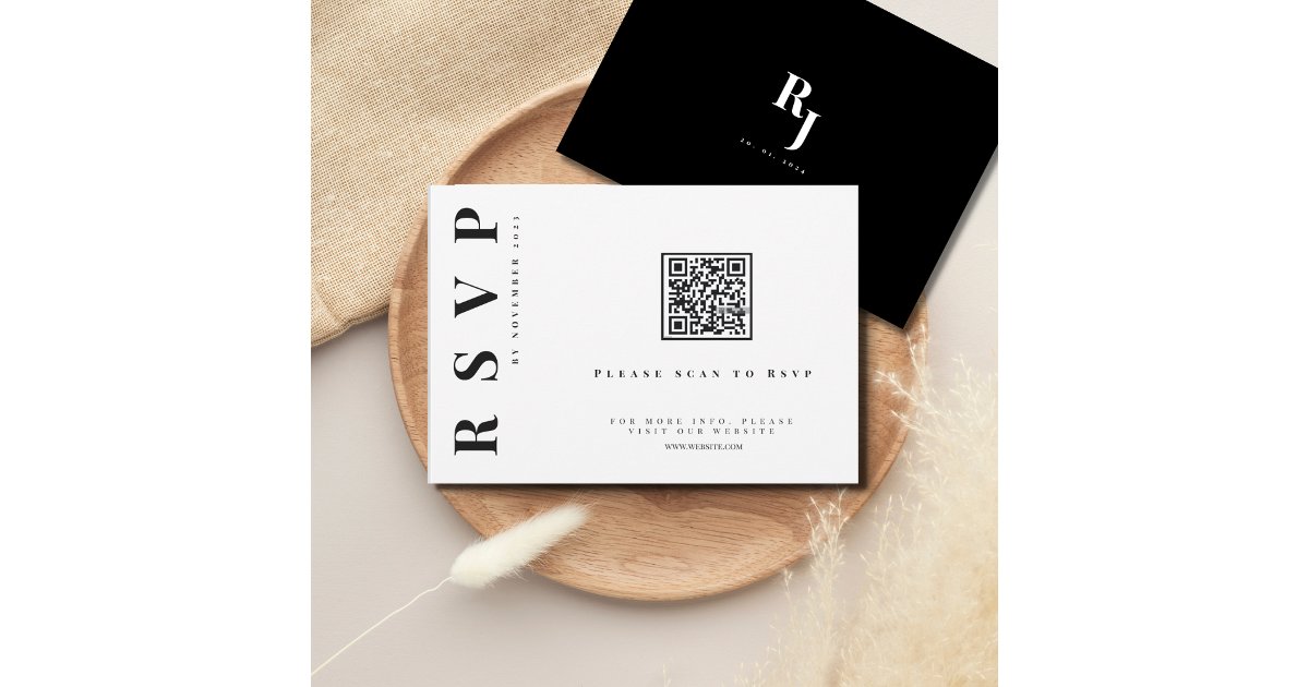 Minimalist bold black and white wedding qr code RSVP card | Zazzle