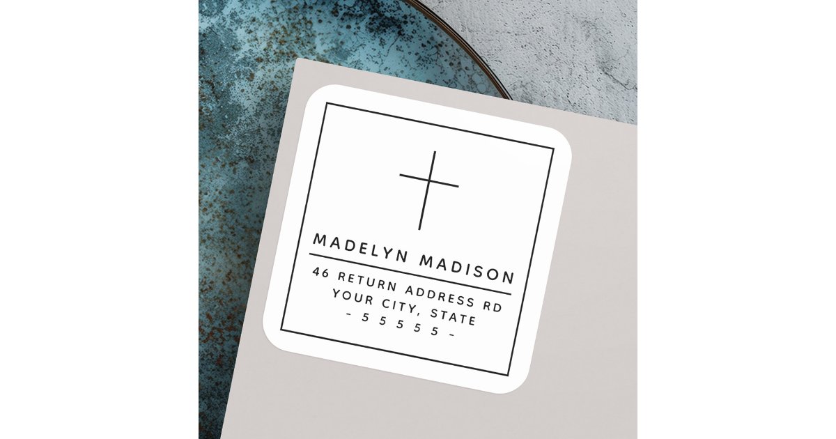 Minimalist Christian cross white return address Square Sticker | Zazzle