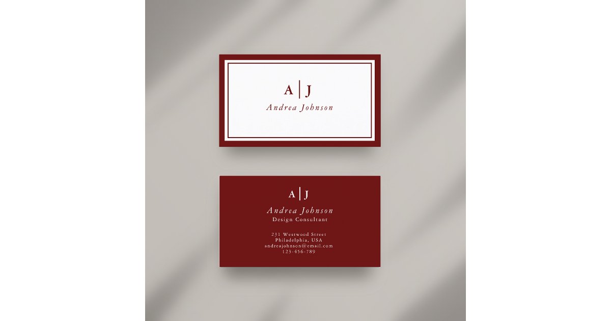 Minimalist Maroon Red Two Border Monogram Business Card | Zazzle