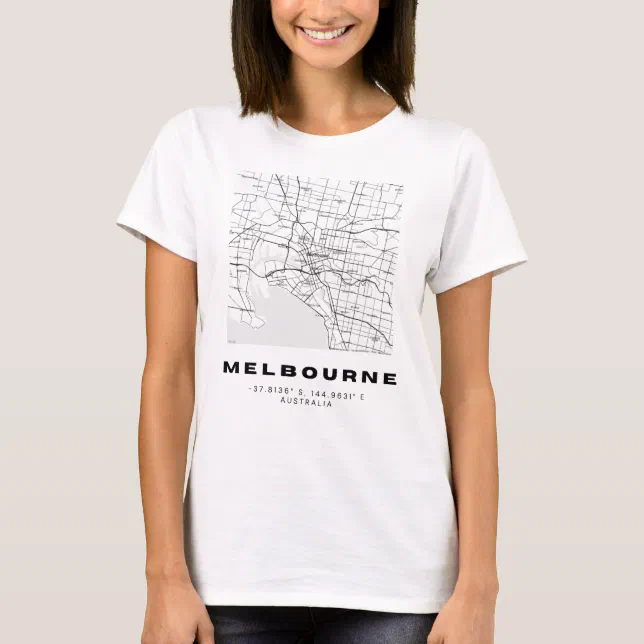 Minimalist Melbourne City Map with Coordinates T-Shirt | Zazzle