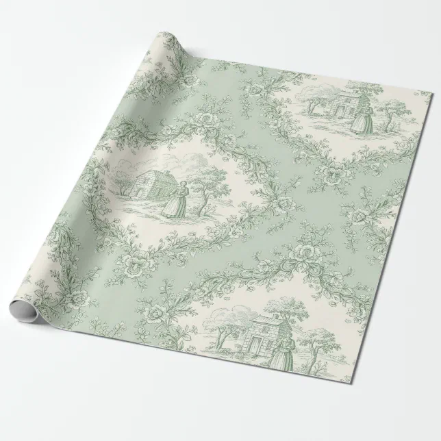 Mint Green French Country Floral Toile - Farmhouse Wrapping Paper | Zazzle