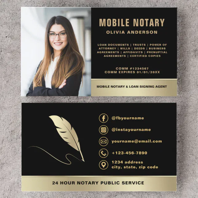 Mobile Notary Signing Agent Photo Black & Gold Business Card | Zazzle
