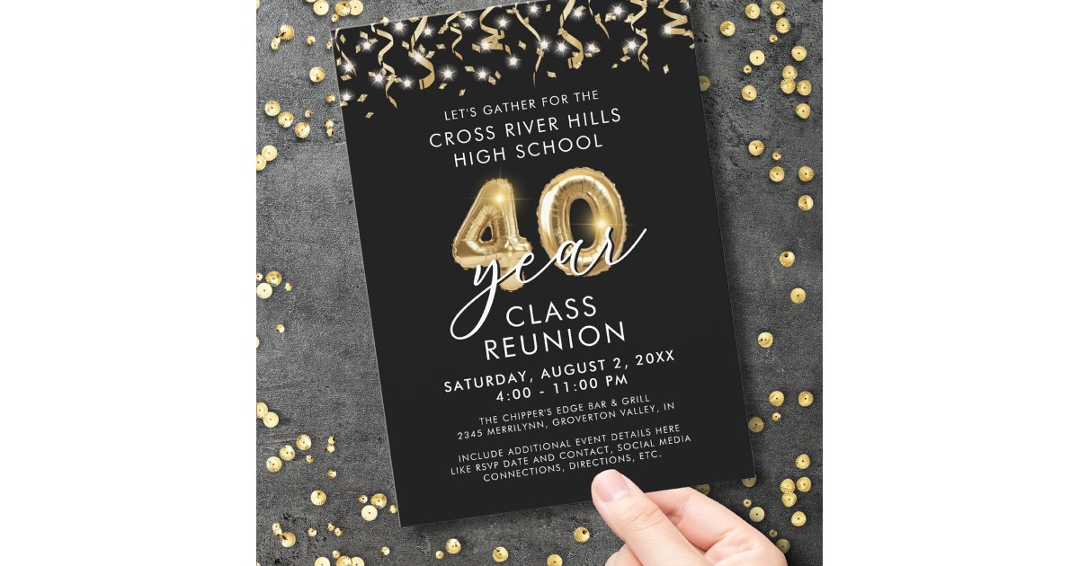 Modern 40 Year Class Reunion Black Gold Streamers Invitation | Zazzle