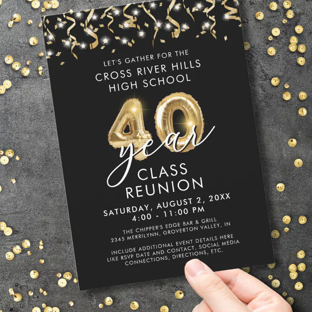 Modern 40 Year Class Reunion Black Gold Streamers Invitation | Zazzle