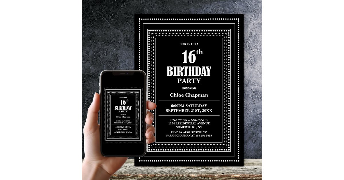 Modern Black and White Border 16th Birthday Party Invitation | Zazzle