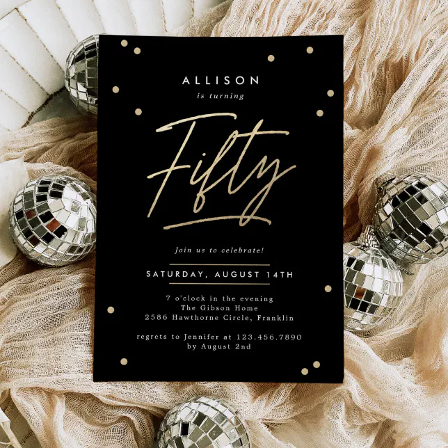 Modern Black Gold Calligraphy 50th Birthday Invitation | Zazzle