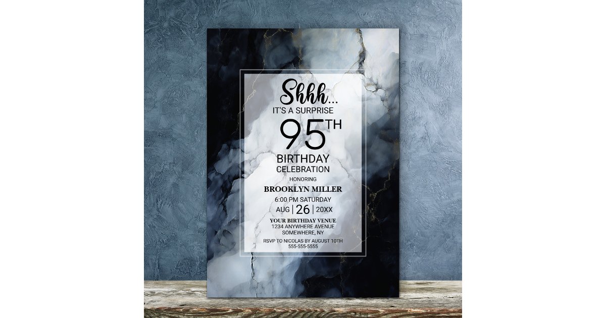 Modern Black Marble Surprise 95th Birthday Party Invitation | Zazzle