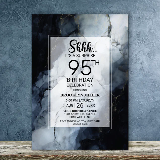 Modern Black Marble Surprise 95th Birthday Party Invitation | Zazzle