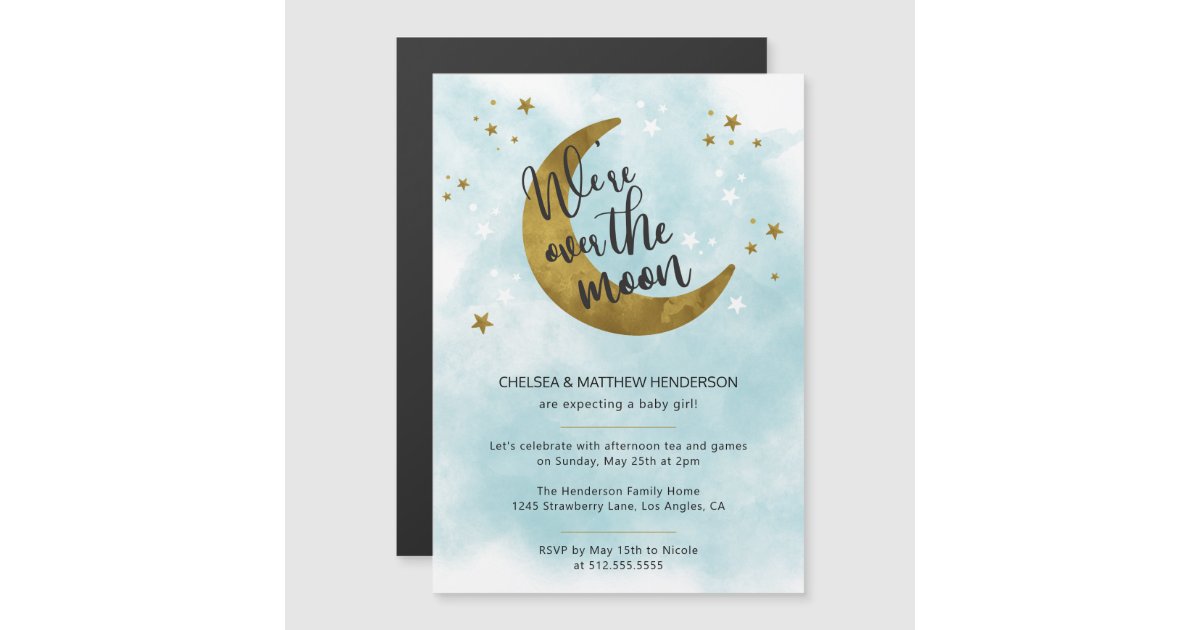 Modern Blue Calligraphy Over The Moon Baby Shower Magnetic Invitation ...