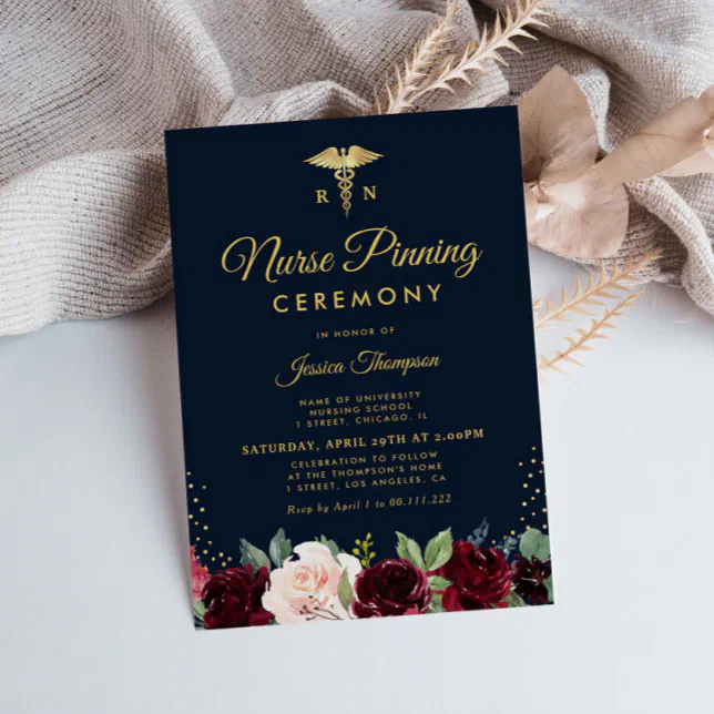 Modern burgundy navy floral Nurse pinning ceremony Invitation | Zazzle
