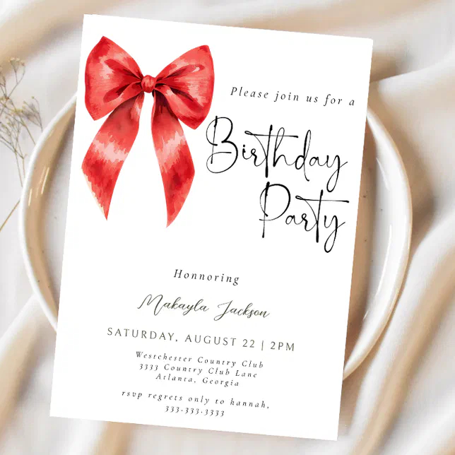 Modern Calligraphy Red Bow Birthday Invitation | Zazzle