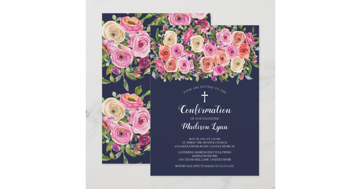 Modern Colourful Pink Floral CONFIRMATION Invitation | Zazzle