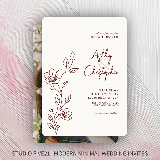 Modern Crimson Red Foliage Outline Photo Wedding Invitation | Zazzle