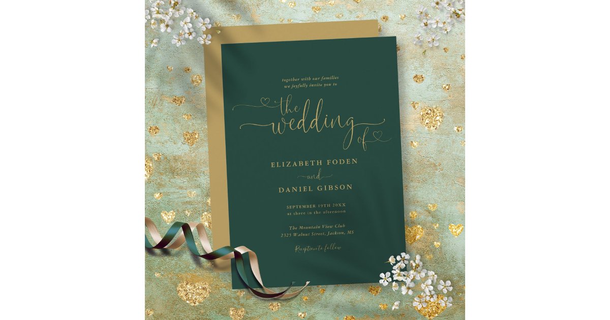 Modern Emerald Gold Hearts Calligraphy Wedding Invitation | Zazzle