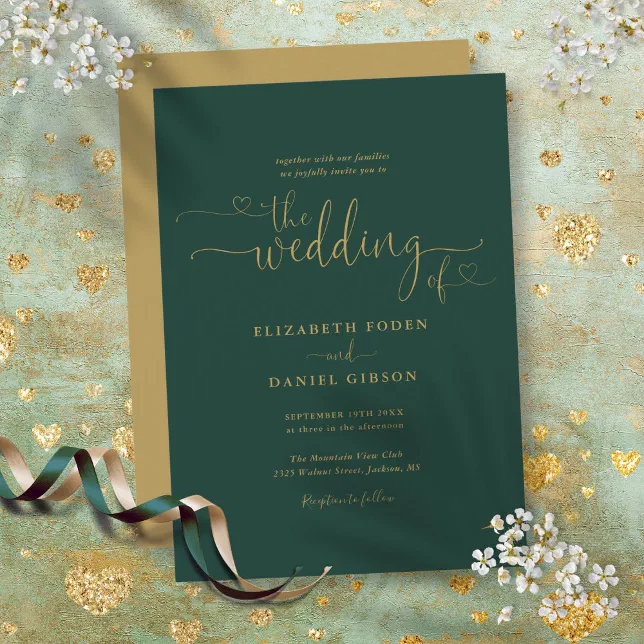 Modern Emerald Gold Hearts Calligraphy Wedding Invitation | Zazzle