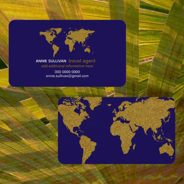 Modern Faux Gold World Map Blue Travel Agent Business Card | Zazzle