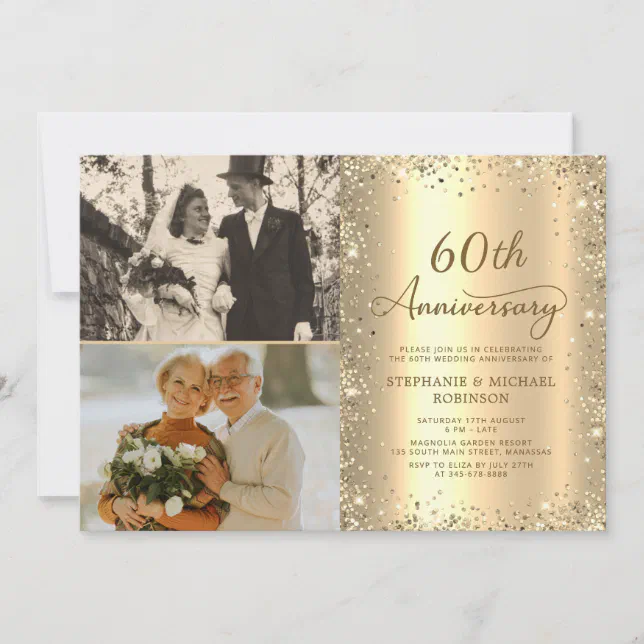 Modern Gold Glitter Photo 60th Wedding Anniversary Invitation | Zazzle