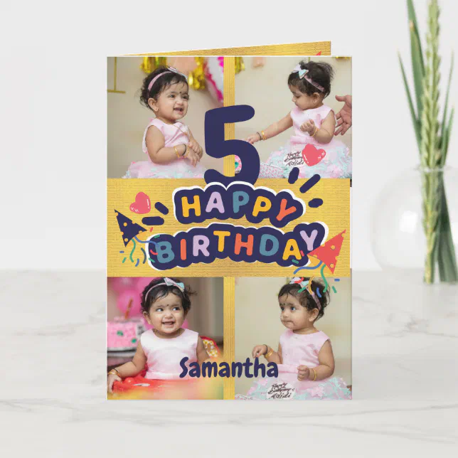 Modern Gold Photo Name Happy 5th Birthday Card | Zazzle