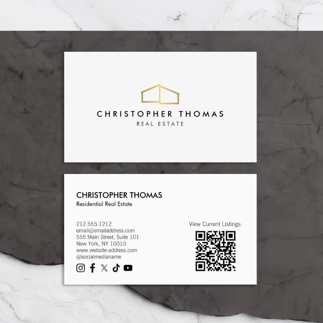 Modern Home Logo Real Estate White/Gold QR code Business Card | Zazzle