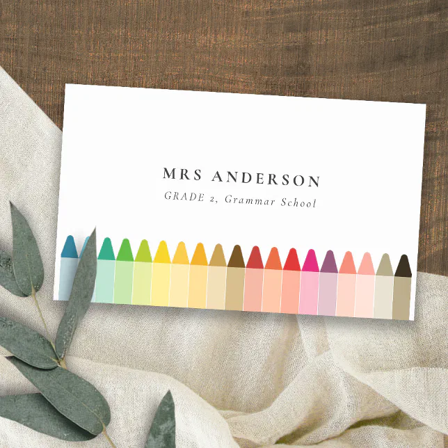 Modern Kids Teacher Colourful Rainbow Crayon Colou Business Card | Zazzle
