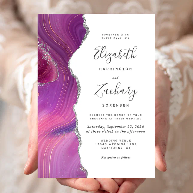 Modern Magenta Silver Agate Wedding Invitation | Zazzle