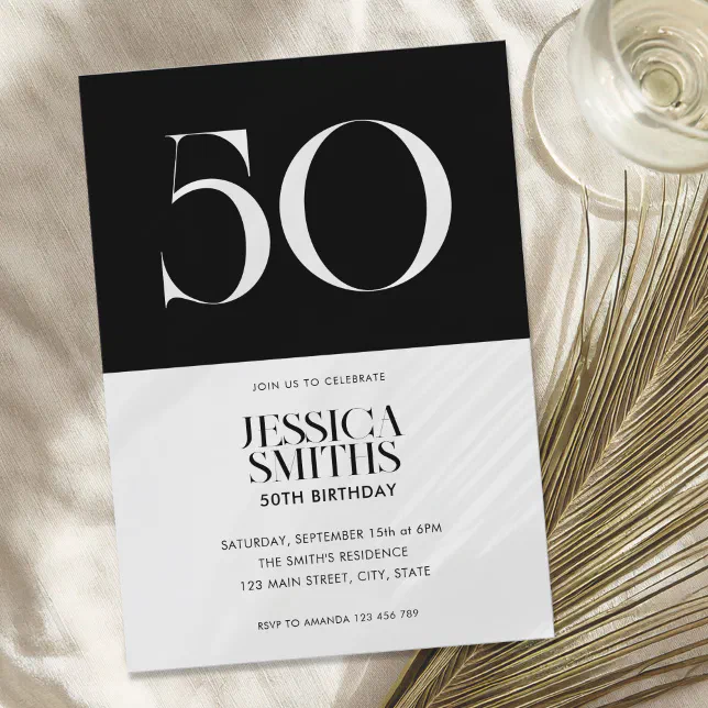 Modern Minimalist Black and White 50th Birthday Invitation | Zazzle