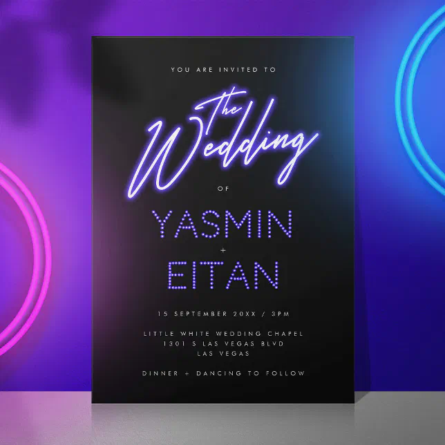 Modern Neon Lights Purple Black Wedding Invitation | Zazzle