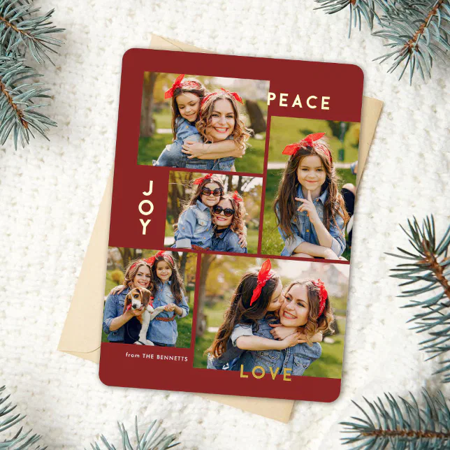 Modern Peace Joy Love Custom Colour Collage Foil Holiday Card | Zazzle
