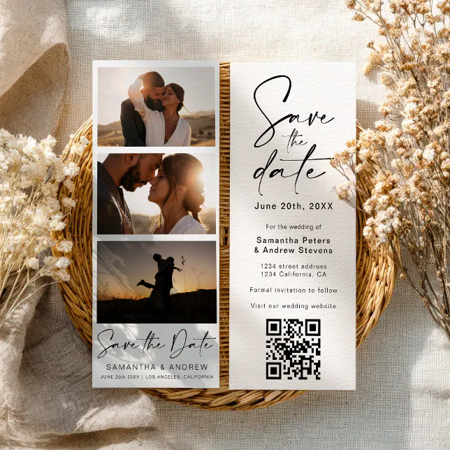 Modern Photo Booth 3-Photo Qr code Save The Date | Zazzle