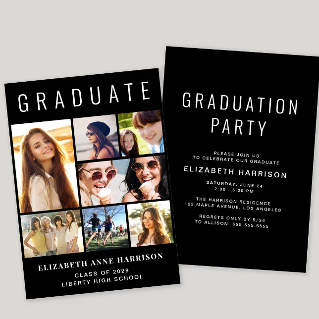 Modern Photo Collage Black Graduation Party Invitation | Zazzle
