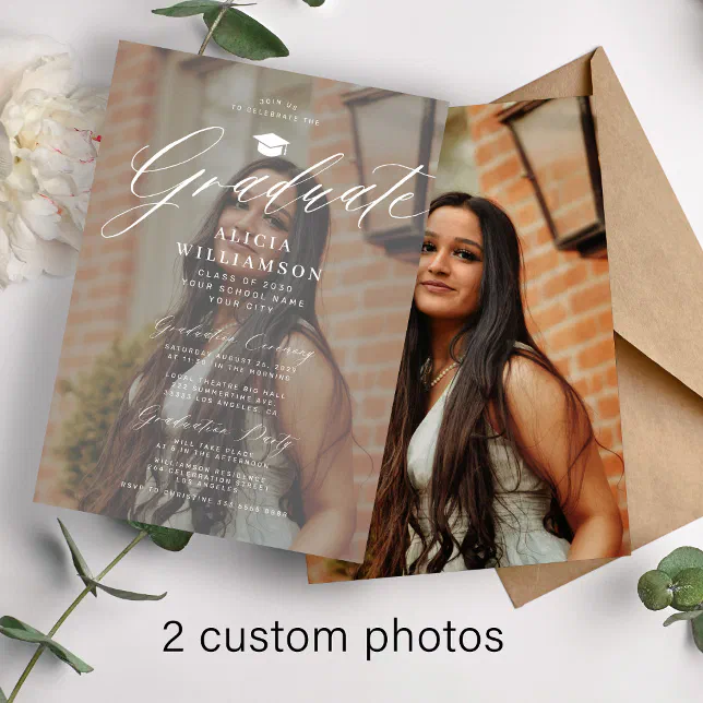 Modern photo overlay script graduation party invitation | Zazzle