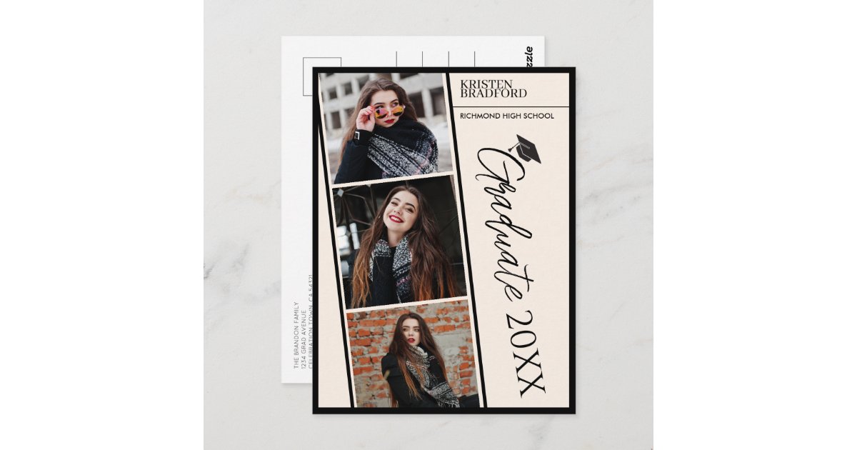 Modern Photo Strips Beige Graduation Announcement Postcard | Zazzle