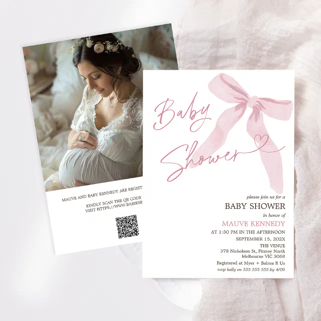 Modern Pink Bow QR Code Baby Shower Invitation | Zazzle
