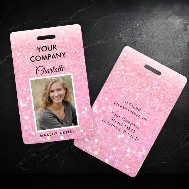 Modern Pink Glitter Employee Photo ID Badge | Zazzle