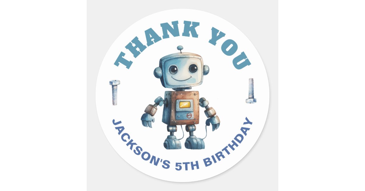 Modern Robot Thank You Kids Birthday Classic Round Sticker | Zazzle