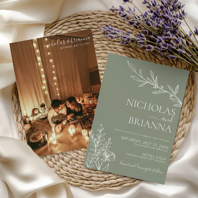 Modern Sage Green Minimalist Photo Boho Wedding Invitation | Zazzle