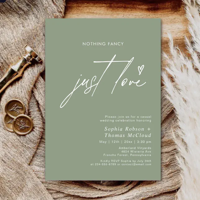 Modern Sage Green Nothing Fancy Just Love Wedding Invitation | Zazzle