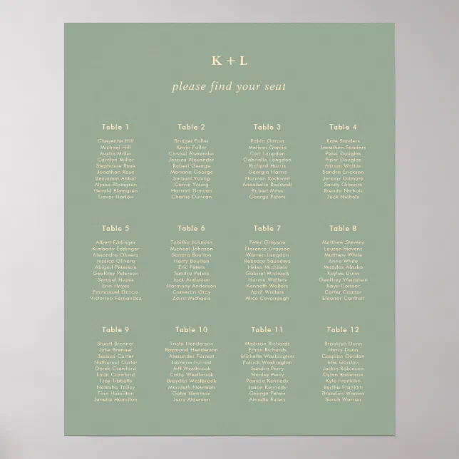 Modern Sage Green Simple Wedding Seating Chart | Zazzle