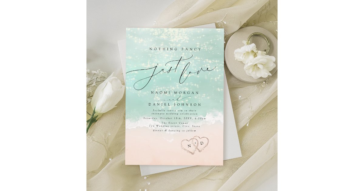 Modern Script Sand Hearts Nothing Fancy Just Love Invitation | Zazzle
