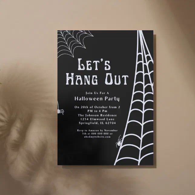 Modern Simple black Halloween spider hang out Invitation | Zazzle