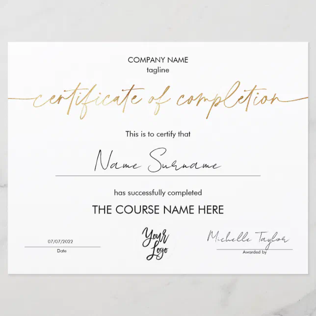Modern Simple Certificate of Completion Add Logo | Zazzle